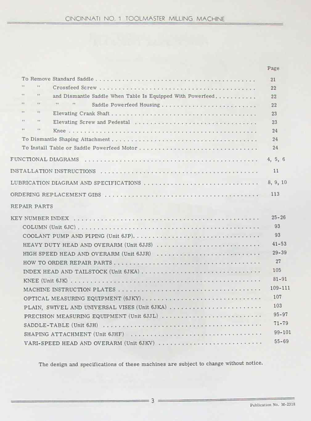 CINCINNATI Toolmaster Milling Machines 1B, 1C, 1D, 1E, H-V Service ...