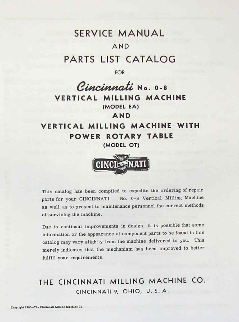 CINCINNATI Vertical Milling Machine No. 0-8 Model EA & OT Service Part ...