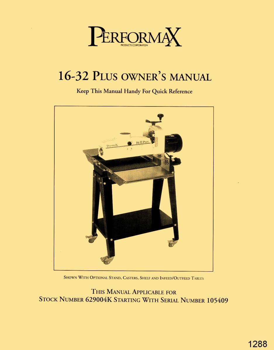 Performax 16-32 Plus Drum Sander Stock No. 629004K Instructions & Parts ...