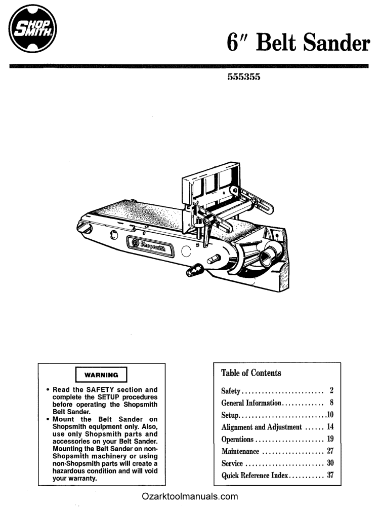SHOPSMITH 6" x 48" Belt Sander Attachment Model 555355 Owner's ...