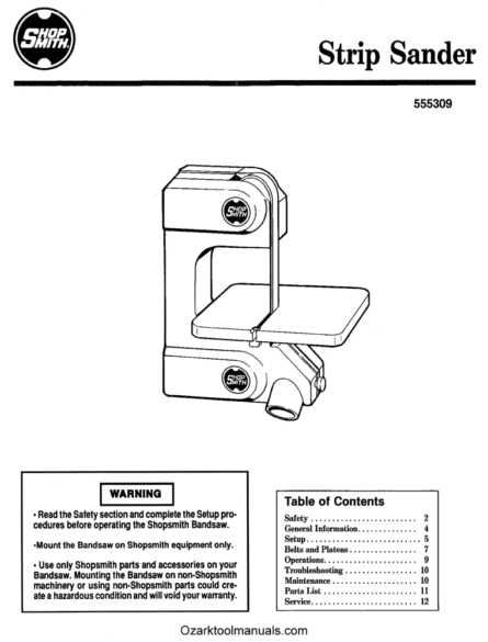 SHOPSMITH 1" Strip Sander Attachment 555309 Owner's, Instructions ...
