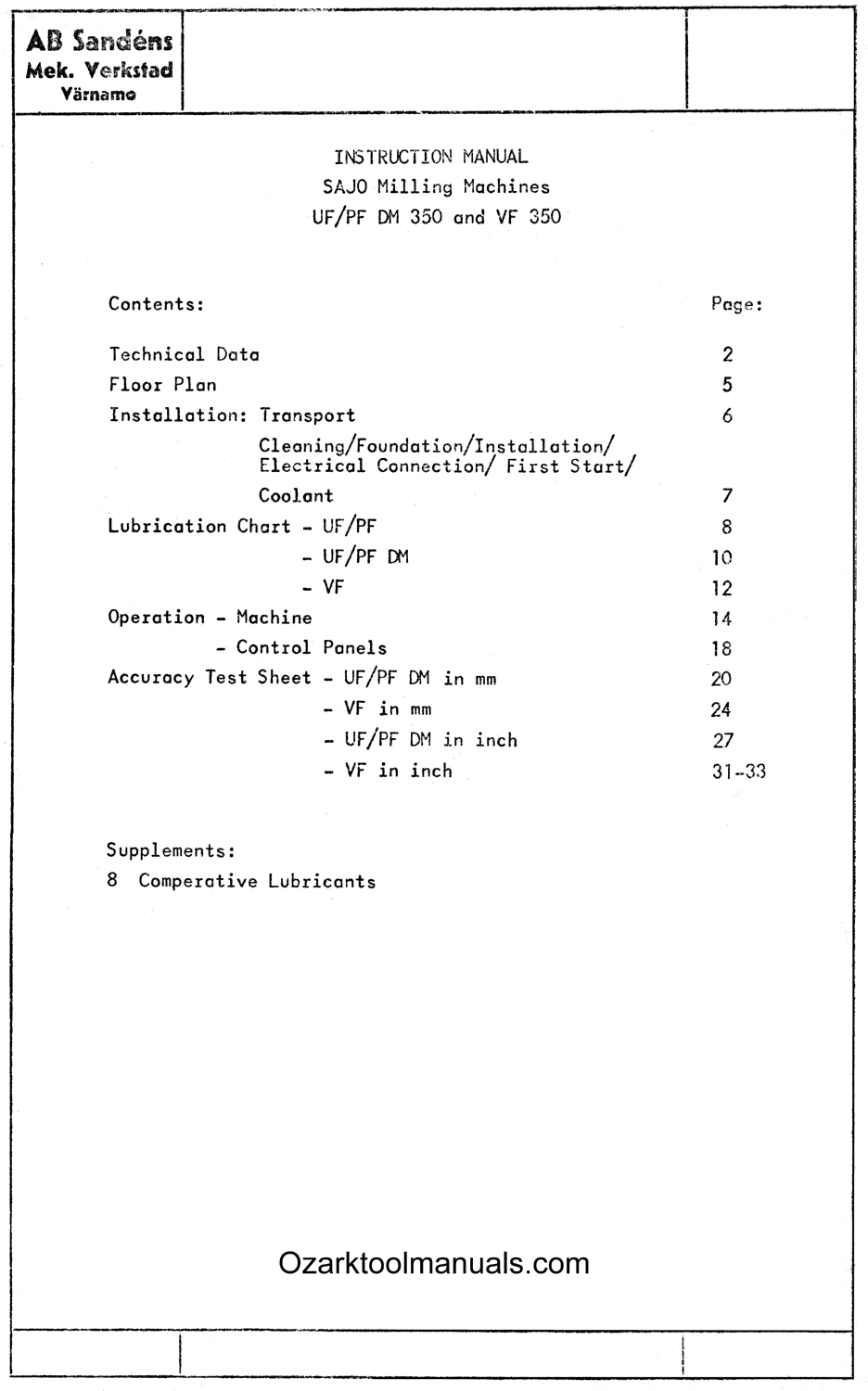 Sajo UF/PF DM VF 350 Horizontal/Vertical Milling Machine Owners Service ...