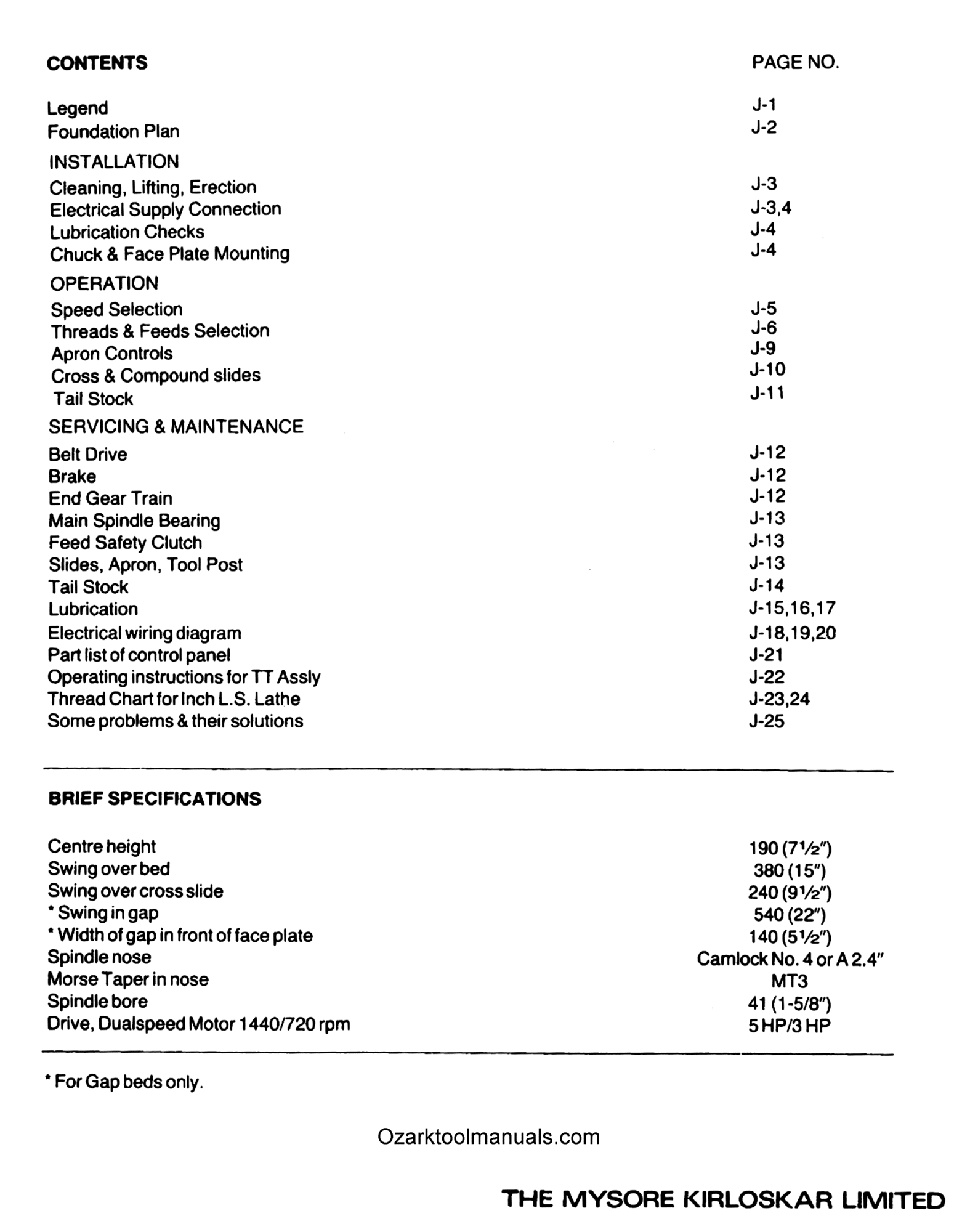 Mysore Kirloskar Enterprise MK 1550 15" x 60" Metal Lathe Owner Operator Service Instructions ...