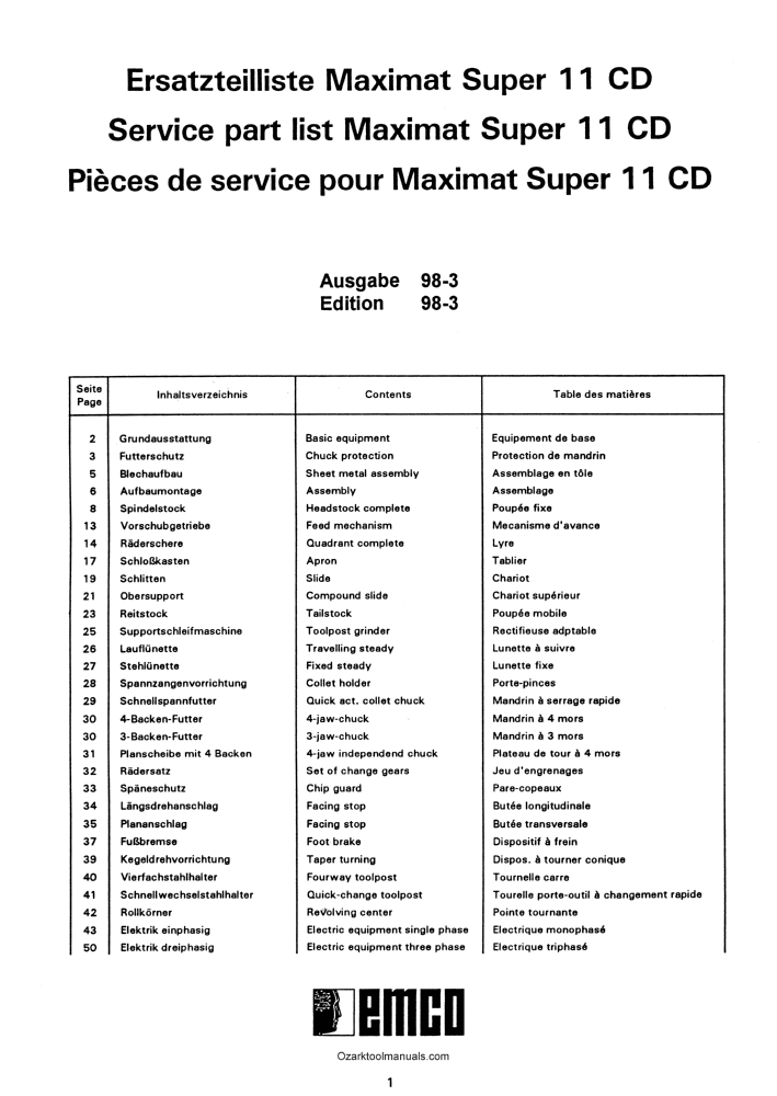 EMCO Maximat Super 11 CD Metal Lathe Service Parts Manual - Ozark Tool ...