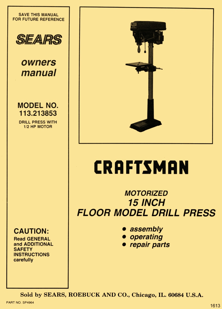 CRAFTSMAN 113.213853 Drill Press 15" Owner Operator & Service Part ...