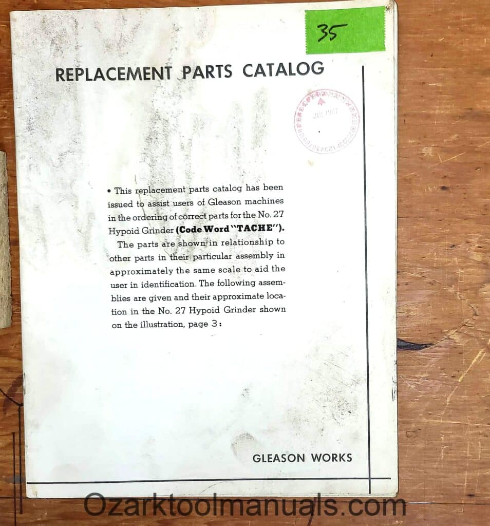 Gleason Works No. 27 Hypoid Generator Parts Manual - Ozark Tool Manuals & Books