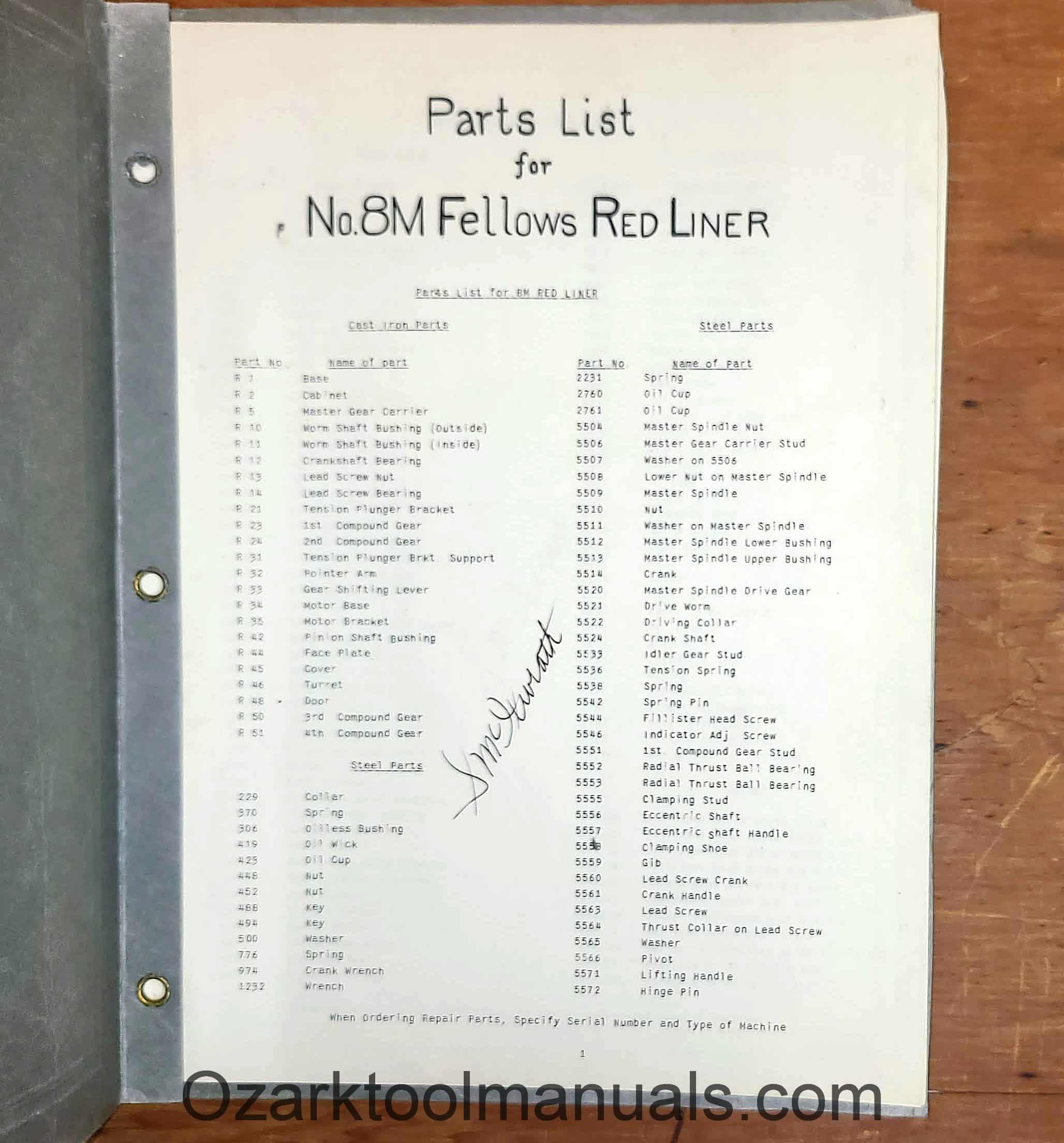 Fellows Gear Shaper Co. No. 8M Red Liner Parts Manual - Ozark Tool ...