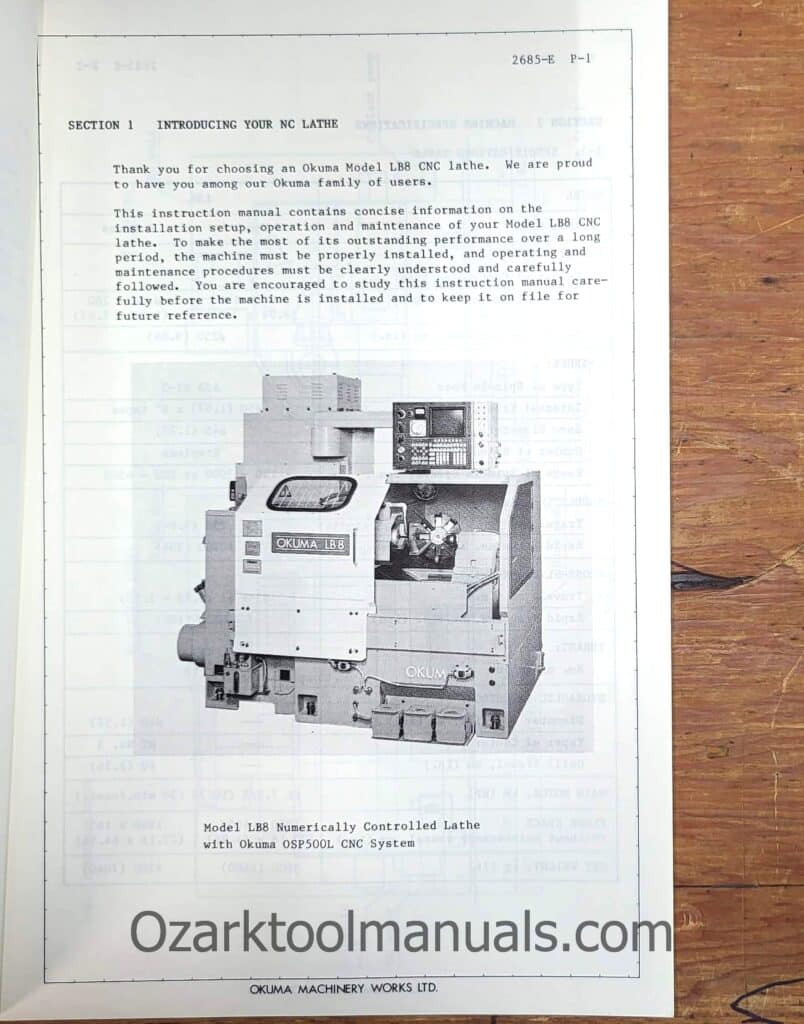 Okuma LB8 CNC Lathe OSP500L Operator Maintenance Service Manual - Ozark ...