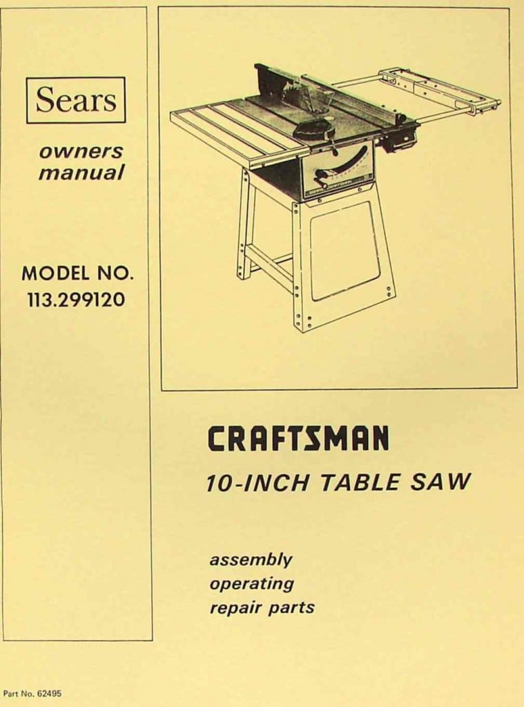 CRAFTSMAN 10" Table Saw 113.299120 Operator & Parts Manual - Ozark Tool Manuals & Books