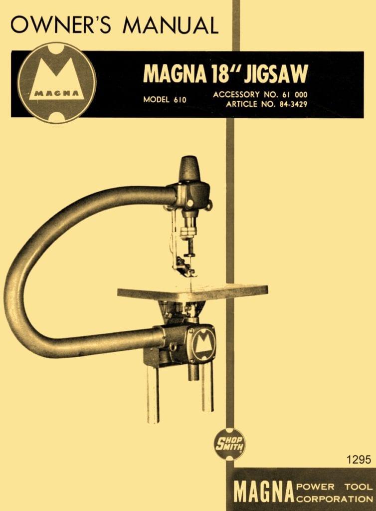 SHOPSMITH Magna 18" Jig/Scroll Saw Attachment Model 610 Owner's ...