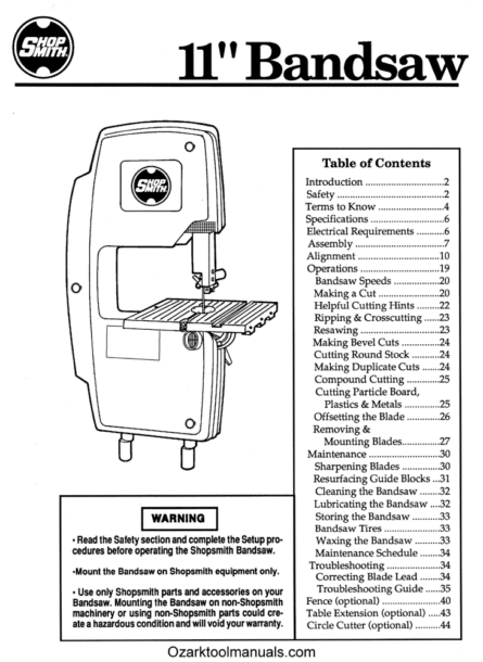 SHOPSMITH 11" Bandsaw Attachment Owner's, Instructions Manual for Mark ...