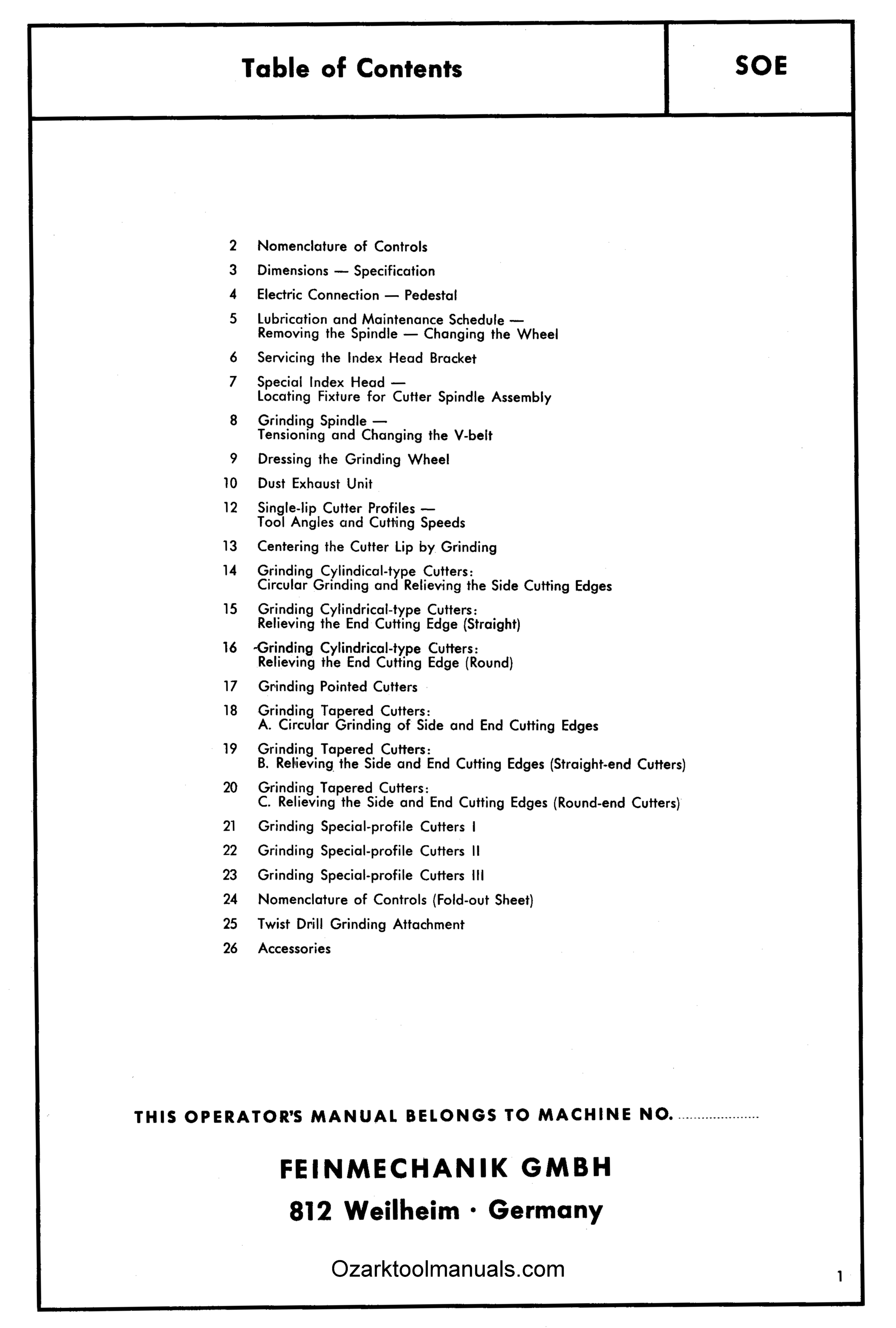 DECKEL SOE Universal Tool Cutter D-Bit Grinder Owner Operator's Manual ...